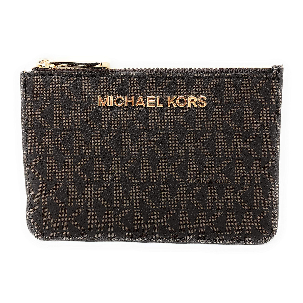 Michael Kors Jet Set Travel Small Top Zip Signature Leather Coin Pouch ID Card Case Wallet In Brown/Acorn