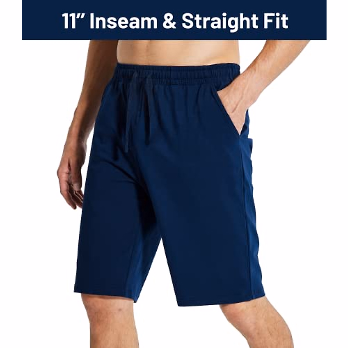 MIER Men's Workout Cotton Shorts 11 Inch Long Lounge Gym SweatShorts Pockets Lightweight Athletic Running Knit Jersey Shorts Drawstring, Navy Blue, M
