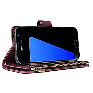 CHICASE Wallet Case for Galaxy S7 Edge,Samsung Galaxy S7 Edge Case,Leather Handbag Zipper Pocket Card Holder Slots Wrist Strap Flip Protective Phone Cover for Samsung Galaxy S7 Edge(Wine Red)