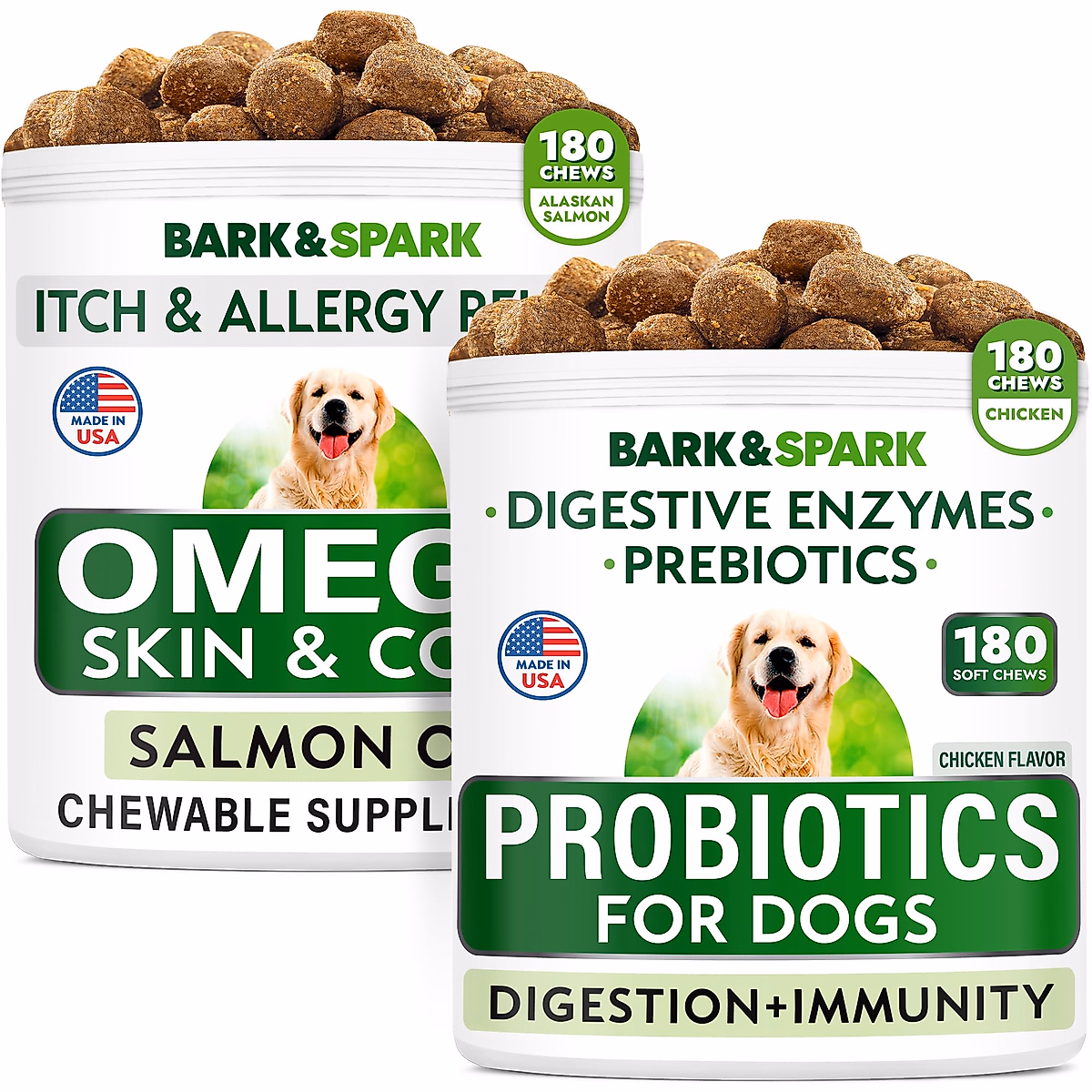 BARK&SPARK Probiotics + Omega 3 for Dogs Bundle - Allergy & Itchy Skin + Skin Allergy - Digestive Enzymes + EPA & DHA Fatty Acids - Stomach Relief + Itch Relief - 360 Chews - Made in USA