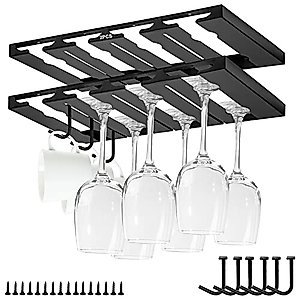 YALINKA 2Pcs Under Cabinet Stemware Holder Wine Glass Rack, Glasses Storage Hanger Under Shelf with hook, Goblet Display Drying Rack for Kitchen Bar Restaurant (4 slots)
