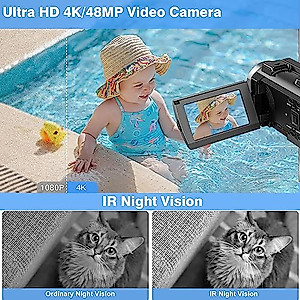 Camcorders Video Camera 4K, 48MP Ultra HD WiFi Vlogging Camera for YouTube, IR Night Vision 3.0" Touch Screen 16X Digital Video Recorder with Microphone, Stabilizer, Lens Hood, Remote,2 Batteries