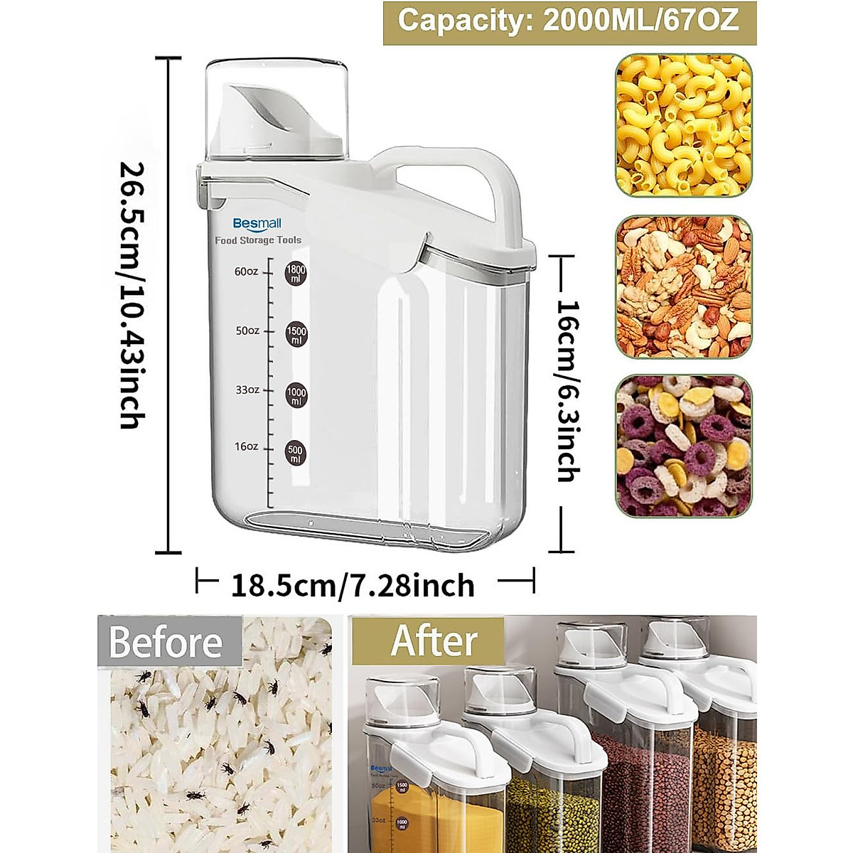 Besmall Cereal Containers Storage,2L Airtight Large Dry Food Storage Containers with Pouring Spout, Measuring Cup for Flour and Grain,BPA Free Plastic Dispenser