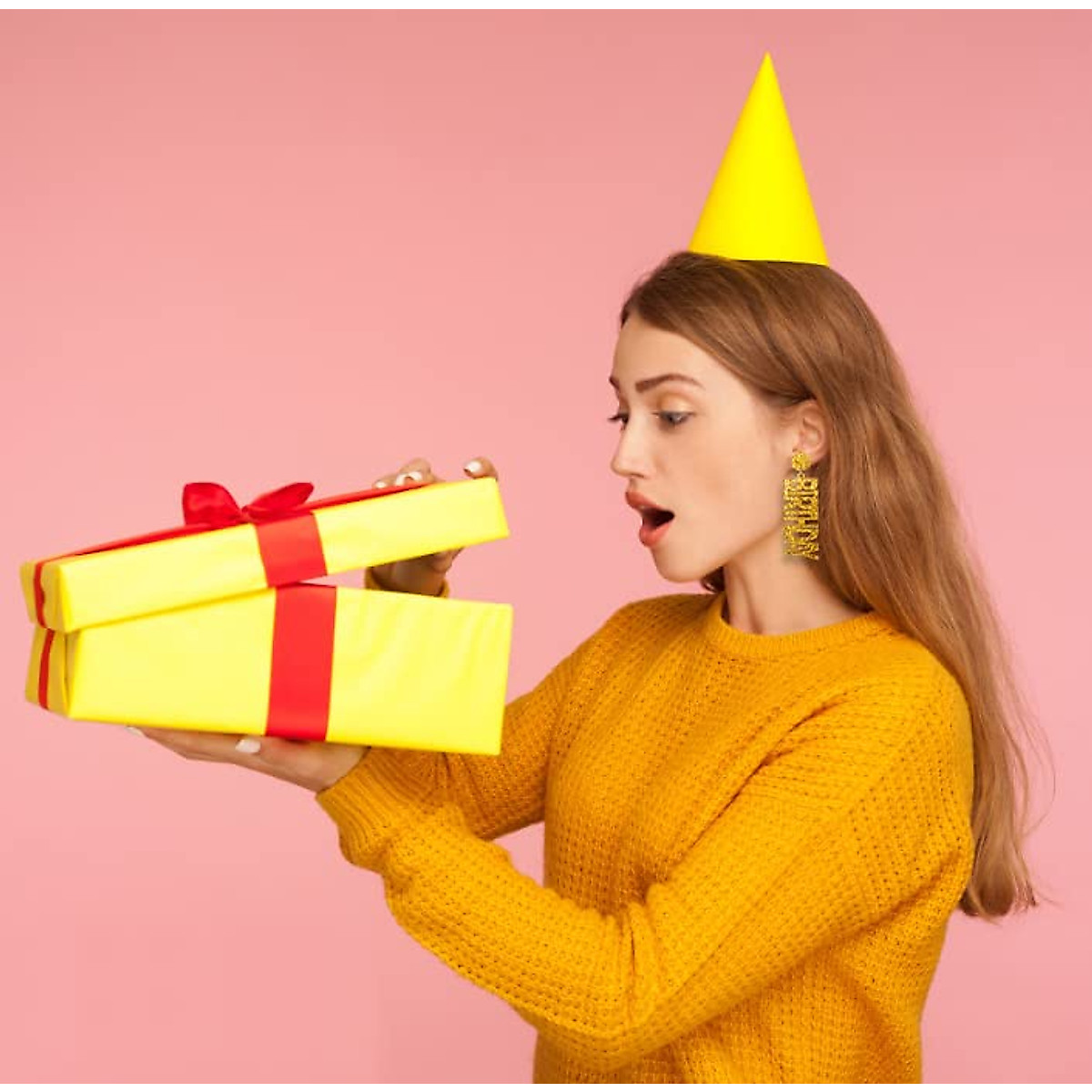 Birthday Earrings Acrylic Glitter HAPPY BIRTHDAY Letter Drop Dangle Earrings for Women Jewelry Party Festive Gifts (Gold)