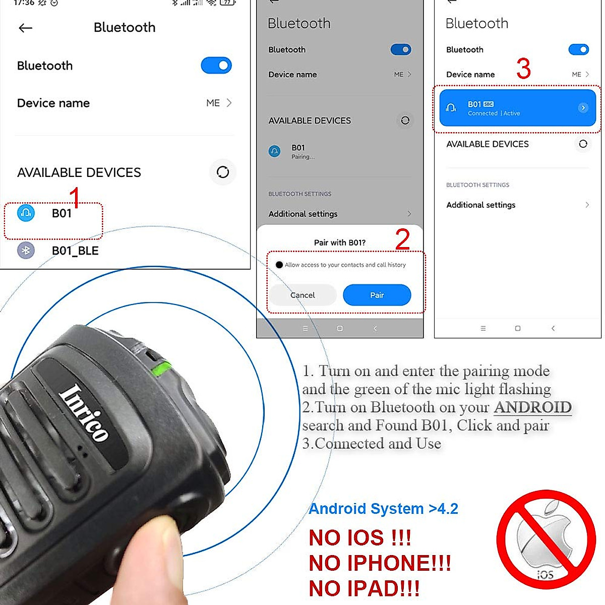 KJD Inrico B01 Wireless Handheld Microphone Bluetooth Version 4.2 PTT for W7 N60 W2PLUS Android Mobile Radio Phone Work with Zello Real PTT NOT Support iOS System 1111