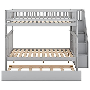 UBGO Full Over Full Bunk Bed with Pull Out Trundle Bed and Storage Stairs, Safety Rails, Full Size Bunk Bed for Kids Teens Adults, Space Saving, Easy to Assemble, Grey