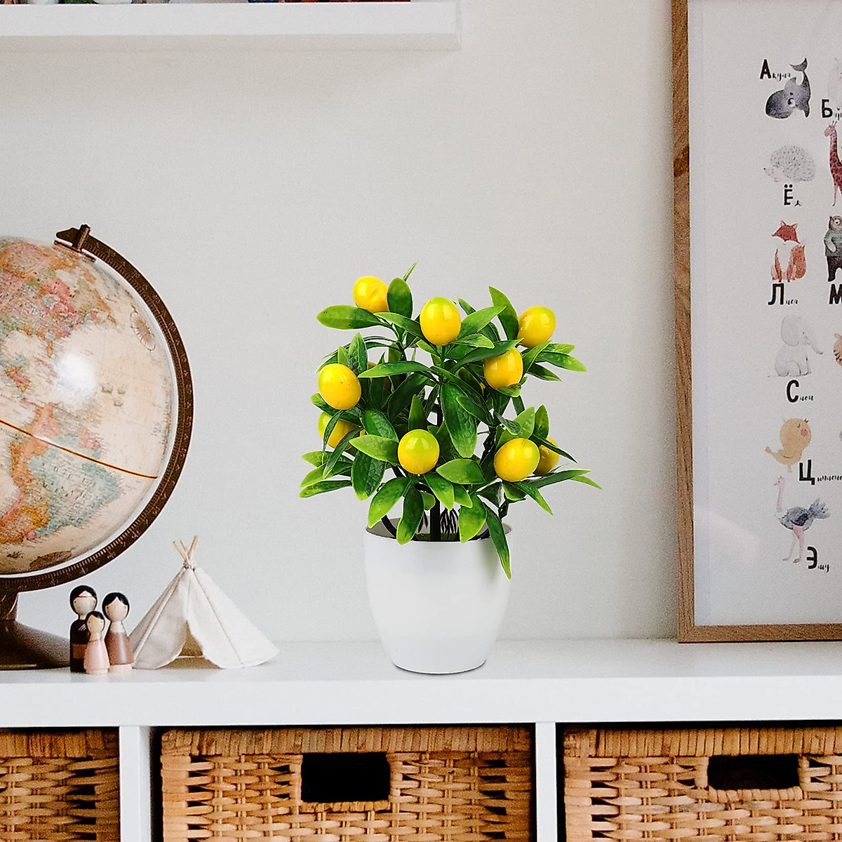 Comanlai 9.65 inch Artificial Mini Potted Plants, Artificial Fruit Lemon Tree Bonsai Fake Greenery White Plastic Pot, Potted Plants Kumquat for Home Table Desk Office Balcony Garden Decor