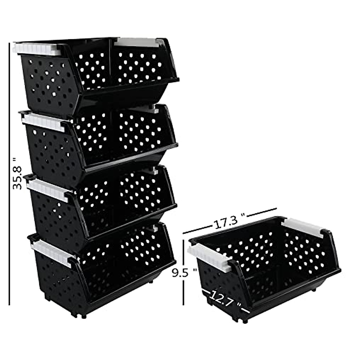 Wekioger 4 Pack Plastic Stackable Storage Baskets, Large Stacking Bins for Organizer, Black
