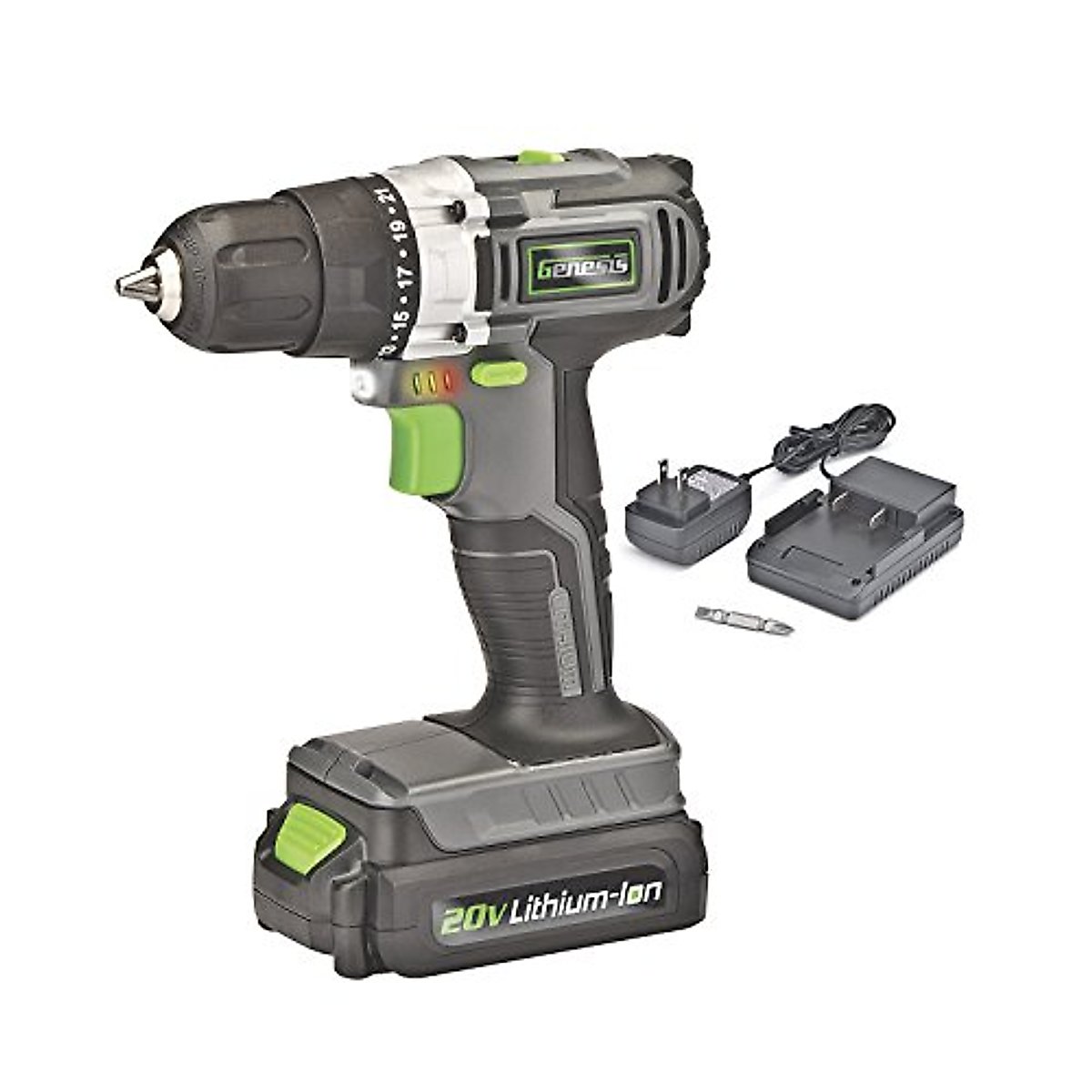 Genesis GLCD2038A 20V Lithium-ion Battery-Powered Cordless Variable Speed Drill Driver with 3/8" Chuck, Built-In LED Work Light, 20V Battery, Charger and Double-Ended Screwdriver Bit, Grey/Black/Green
