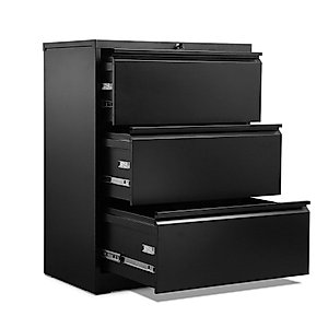 AOBABO 3 Drawer Lateral Steel File Organizing Cabinet with Locking System and Adjustbale Hanging Bars for Letter/Legal Size Paper, Black