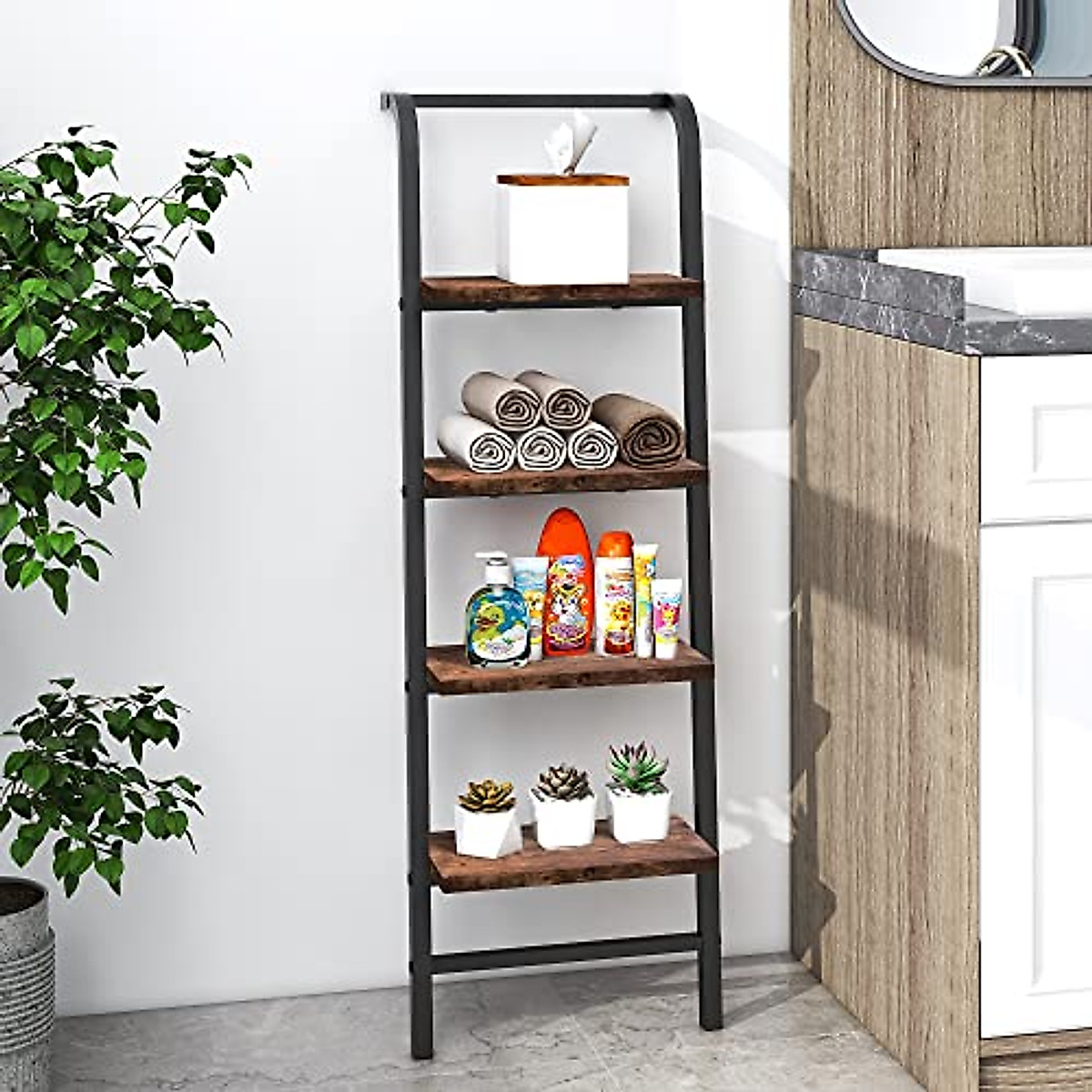 VERFARM 4-Tier Modern Ladder Shelf, Open Wall-Mounted Bookshelf with Stable Metal Frame, Storage Rack Shelves, Stand Bookcase for Home Office, Bedroom and Living Room, Black, Rustic Brown