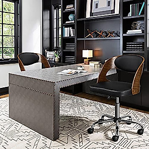 Yaheetech Adjustable Office Chair Armless Desk Chair Walnut Wood Finish Computer Chair Bent Wooden Desk Chair Height Adjustable 360° Swivel Draft Chair with Leather Seat, Black