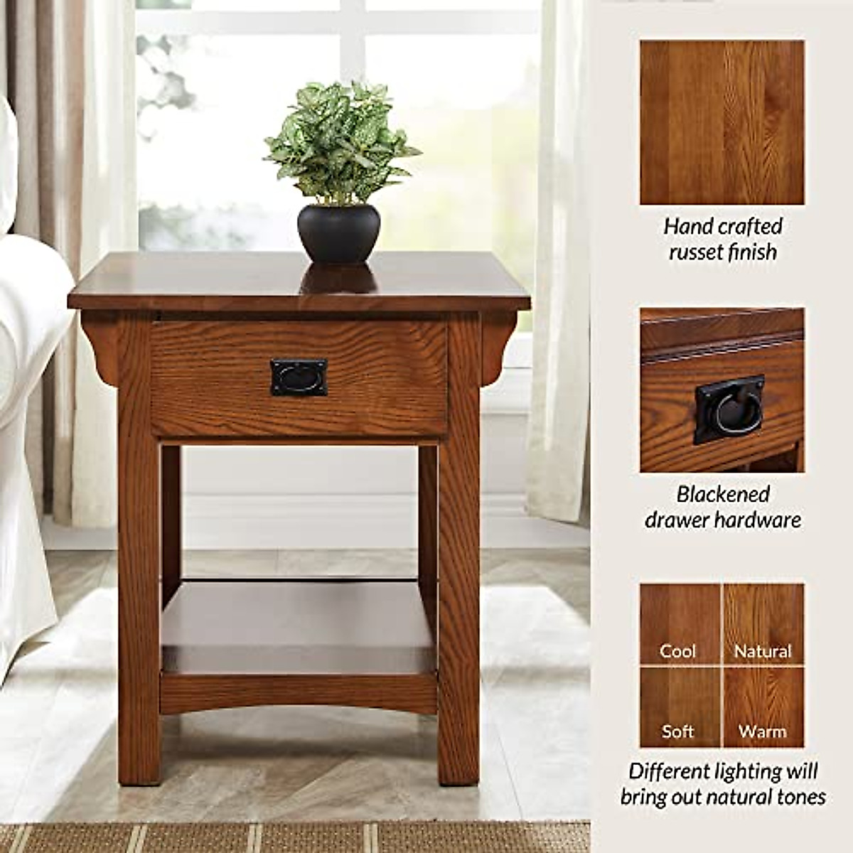 Leick Home 8222-SC Mission Impeccable End Table with Locking Secret Compartment, Made with Solid Wood, Side Table for Living Rooms, Medium Oak Finish