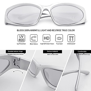 knliwkm 2 Pairs Y2K Wrap Around Sunglasses Sports Futuristic Oval Glasses for Women Men Trendy Fashion Shades Silver