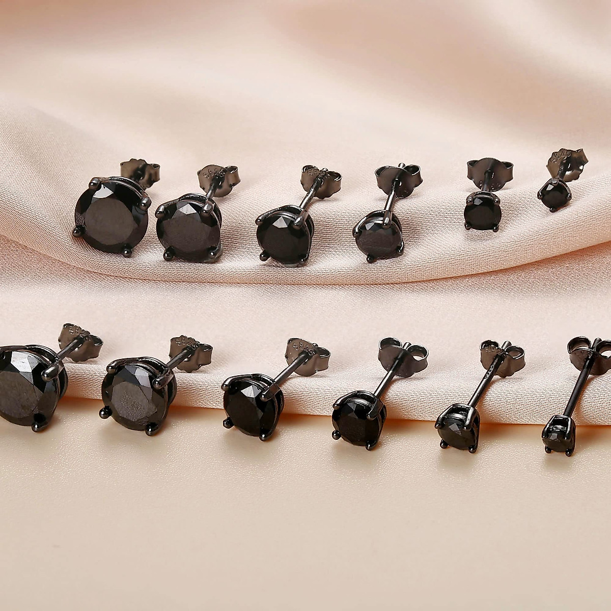 Milacolato 2Pair Sterling Silver Stud Earrings 18K Black Rhodium Plated Black Stud Earrings Round Square Cubic Zirconia Stud Earrings for Men Women | 6mm