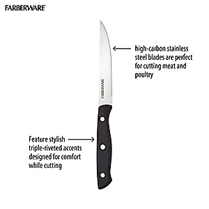 Farberware Full-Tang Triple-Riveted 8-Piece Steak Knife Set, High-Carbon Stainless Steel, Razor-Sharp Knives with Ergonomic Handle, Kitchen Knives, Set of 8, Black
