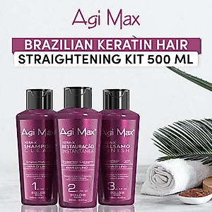 Agi Max Brazilian Natural Keratin Hair Treatment Kit for Straightening Curls and Frizz, Reducing Dry Damage, Nourish and Hydrate Root to Tip, Support Color Treated Styles - 1 liter 3 Steps 3 x 500ml