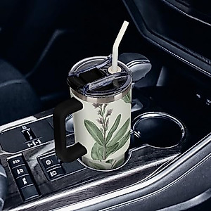 40 Oz Vacuum Tumbler with Black Handle Leakproof Insulated Tumbler Green Flower Herb Sage Leaves Stainless Steel Travel Mug with Lid And Straw Coffee Cup Cute Water Bottles Cup Holder Friendly