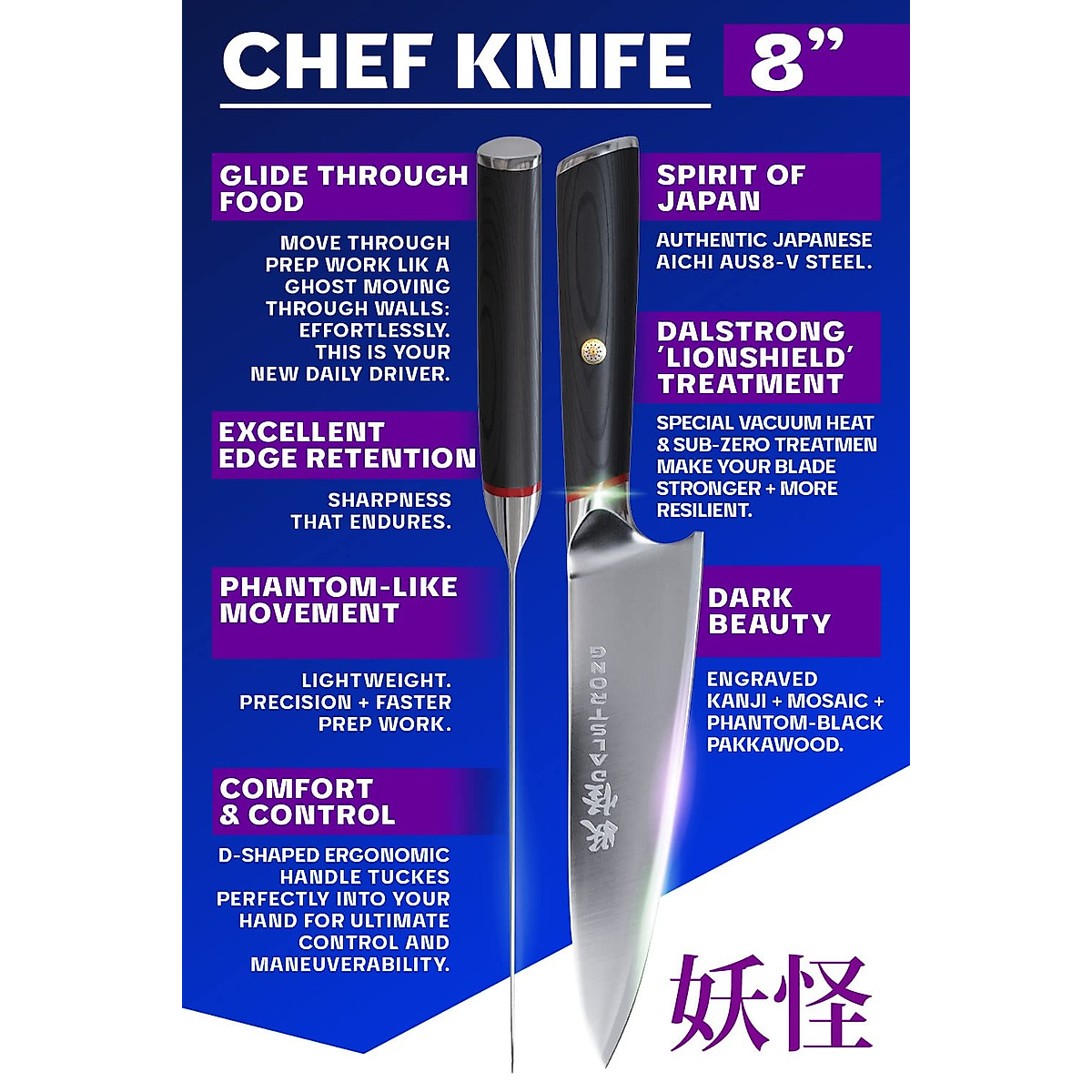 Dalstrong Chef Knife - 8 inch - Phantom Series - Japanese High-Carbon AUS8 Steel Kitchen Knife - Pakkawood Handle - Cooking Knife - Razor Sharp Chef's Knife - Sheath Included