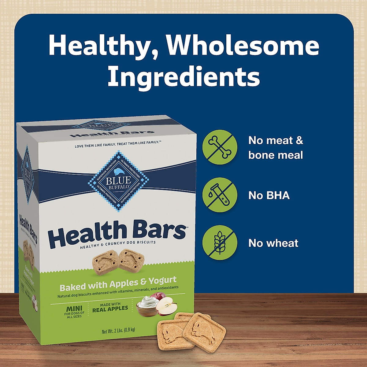 Blue Buffalo Mini Health Bars Crunchy Dog Biscuits, Oven-Baked With Natural Ingredients, Apples & Yogurt, 2-lb Box