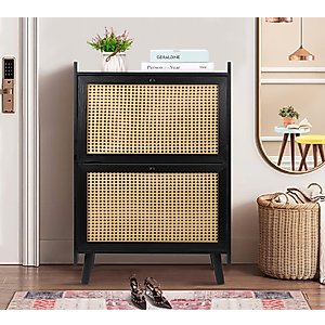 ZYBT Black Shoe Storage Organizer for Entryway, Rattan Shoe Storage Cabinet, 2 Flip Drawers Shoe Organizer Slim Wooden Shoe Rack for Door, Free Standing Shoe Racks for Entryway