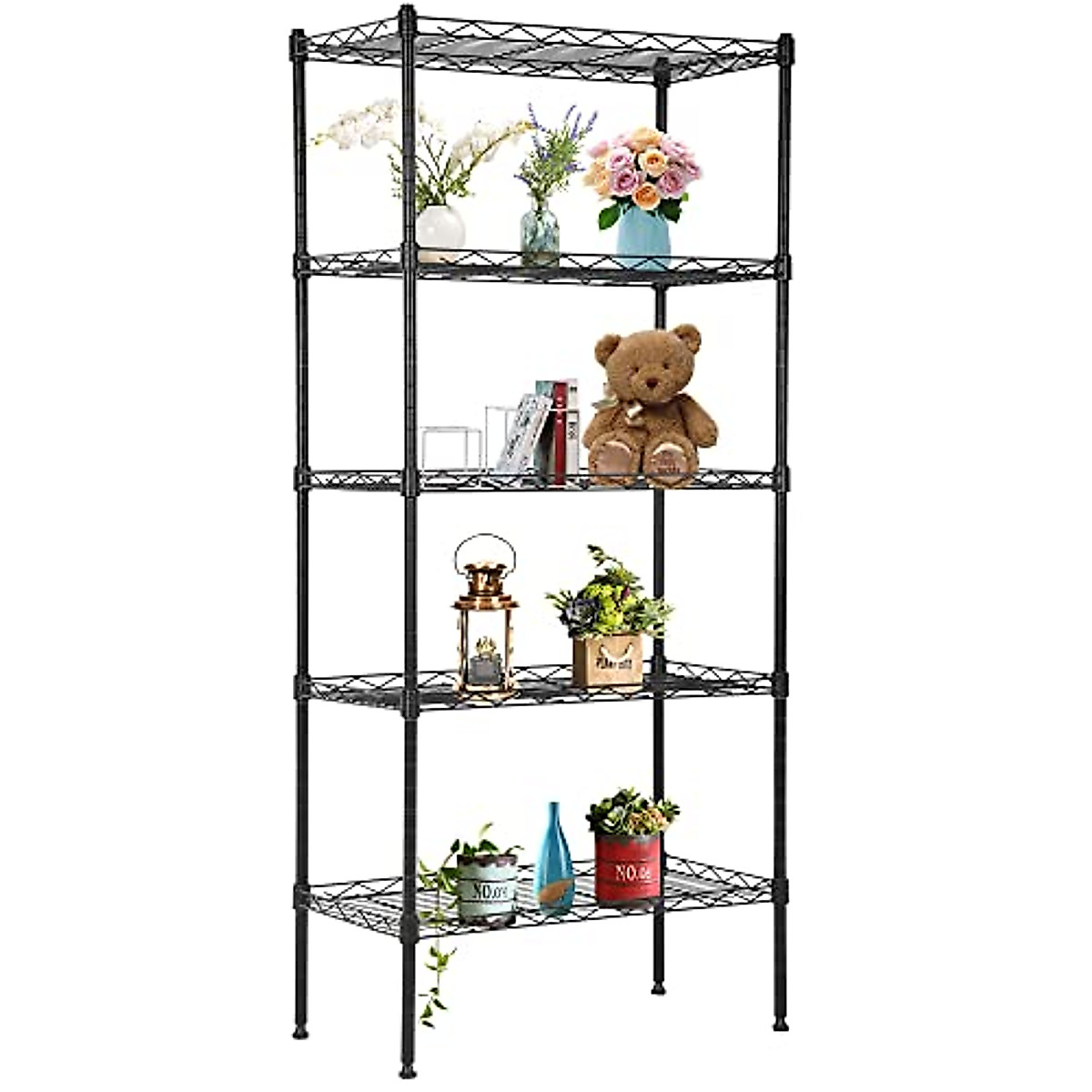 FDW 5 Tier 22L x 12W x 48H Pantry Shelves Adjustable Storage Rack Metal Shelf NSF Shelving Units for Kitchen Garage Small Places Commercial,Black