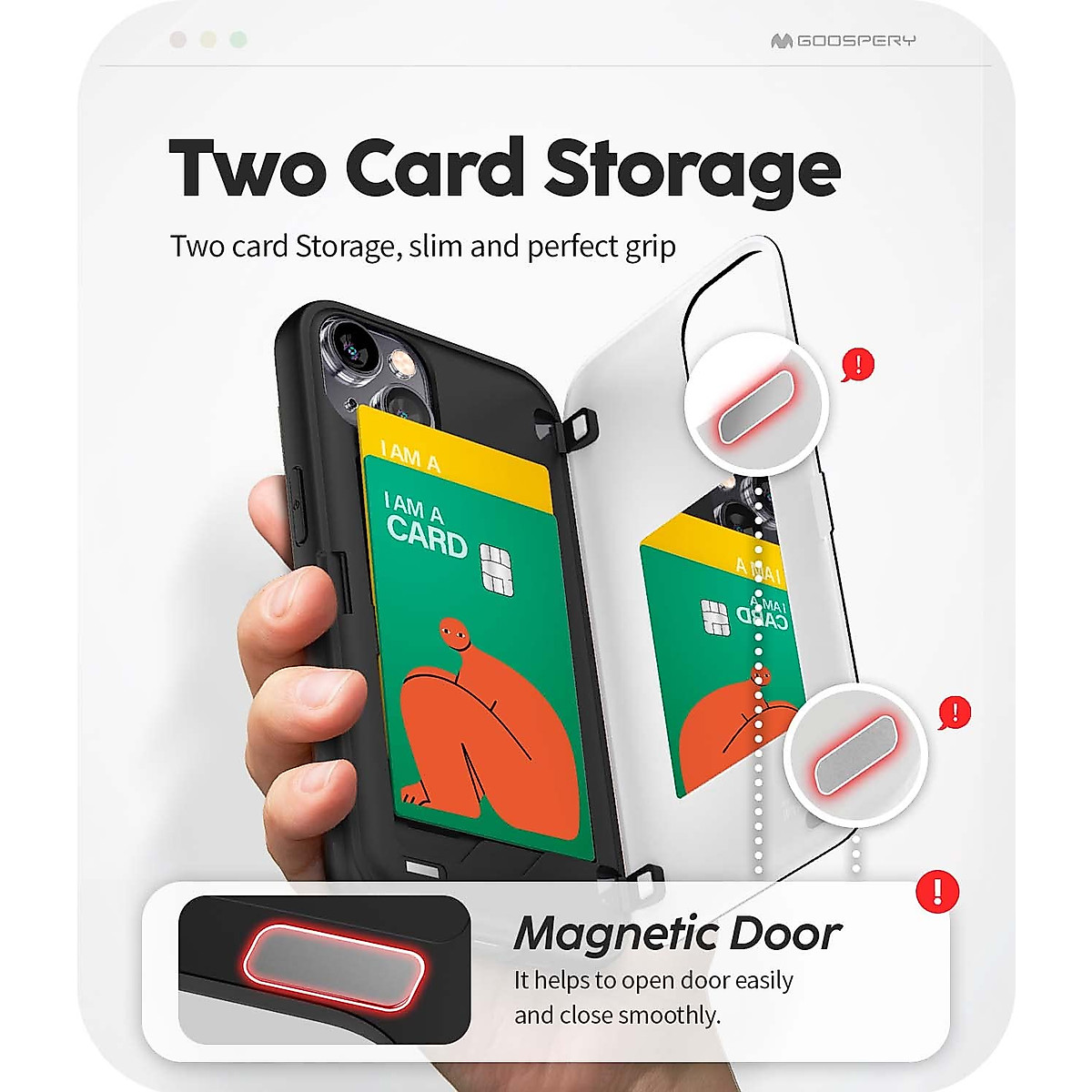 GOOSPERY Magnetic Door Bumper Compatible with iPhone 15 Case, Card Holder Wallet Easy Magnet Auto Closing Protective Dual Layer Sturdy Phone Back Cover - Black