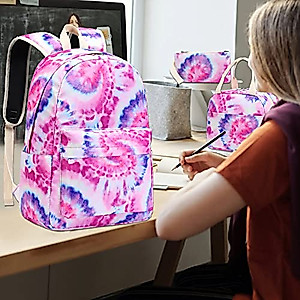 LEDAOU Backpack for Girls School Bag Kids Bookbag Teen Backpack Set Daypack with Lunch Bag and Pencil Case (Tie Dye Pink Purple)