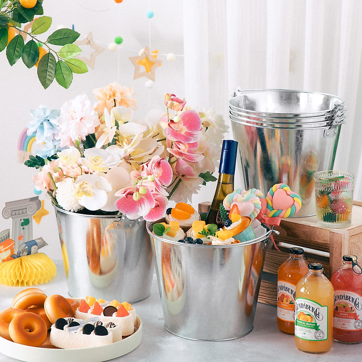 6 Pcs Galvanized Bucket 6.7 x 9.5 x 7.5 Inch Metal 5 L Ice Beer Bucket Silver Tin Large Metal Pail Steel Container with Handle for Wine Champagne Bar Kitchen Indoor Outdoor Holiday Party Supplies