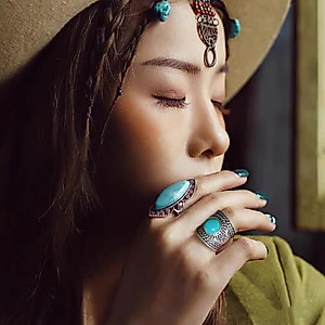 Dtja Vintage Boho Turquoise Wide Statement Ring for Women Girls Oxidized Silver Plated Big Open Band Wrap Adjustable Expandable Finger Rings Comfort Fit Fashion Bohemian Ethnic Exaggerated Jewelry