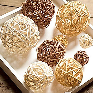 Set of 9 Mixed 3cm 5cm 7cm White Beige and Coffee Small Decorative Wicker Rattan Balls Natural Sphere Orbs for Vase Bowl Filler Christmas Tree Ornaments Wedding Centerpieces Home Patio Garden Hanging