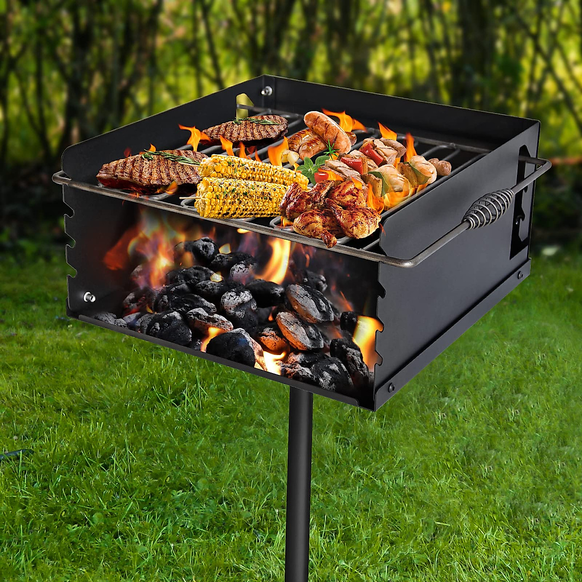 KODOM Park-Style Charcoal Grill, 16x16x8 Inch Heavy Duty Steel Outdoor BBQ Grill with Grate, Single Post Carbon Steel Park Grill for BBQ, Camping, Backyard