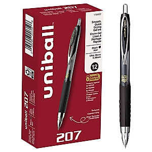 Black Retractable Gel Pens 12 Pack with Micro Points, Uni-Ball 207 Signo Click Pens are Fraud Proof and the Best Office Pens, Nursing Pens, Business Pens, School Pens, and Bible Pens