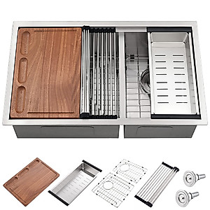 33 Undermount Workstation Kitchen Sink - iAnomla 33 x19 Inch Undermount Kitchen Sink 16 Gauge Ledge Workstation Stainless Steel 60/40 Double Bowl Kitchen Sink with Cutting Board