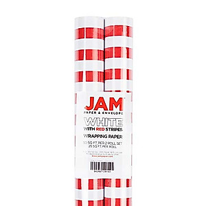 JAM Paper Gift Wrap - Striped Wrapping Paper - 50 Sq Ft Total - Red & White Stripes - 2 Rolls/Pack