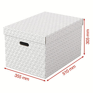Esselte Large Storage Box With Lid, Pack Of 3, Home/Office Storage & Organisation, 100% Recycled Cardboard, 100% Recyclable, Geometric Design, White, 628286