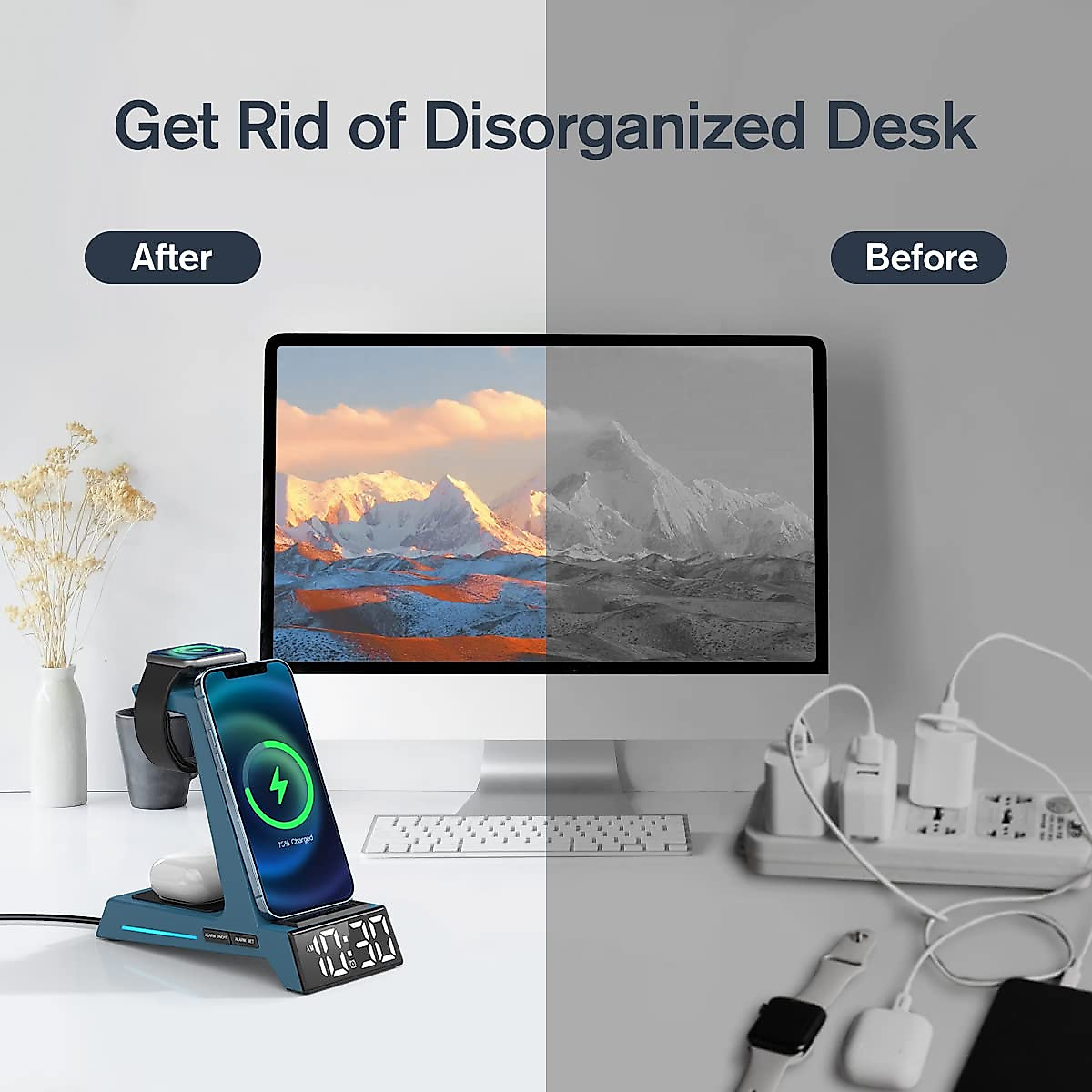 ANJANK Wireless Charging Station for Multiple Devices Apple, 3 in 1 Wireless Charger Stand with Alarm Clock, Charging Dock for iwatch/AirPods/iPhone 14/13/12/11/Pro/Max/XR/XS/8 Plus/Samsung Phone