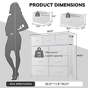 Dresser for Bedroom, 9 Storage Drawers, Anti-Tip Tall Fabric Closet Chests Organizer Tower Furniture with Wooden Top Metal Frame for Clothes, Kids Room, Living Room, Hallway, Entryway (White)
