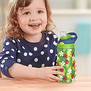 ALAZA Ladybug White Floral Kids Water Bottles with Lids Straw Insulated Stainless Steel Water Bottles Double Walled Leakproof Tumbler Travel Cup for Girls Boys Toddlers 12 oz,Green