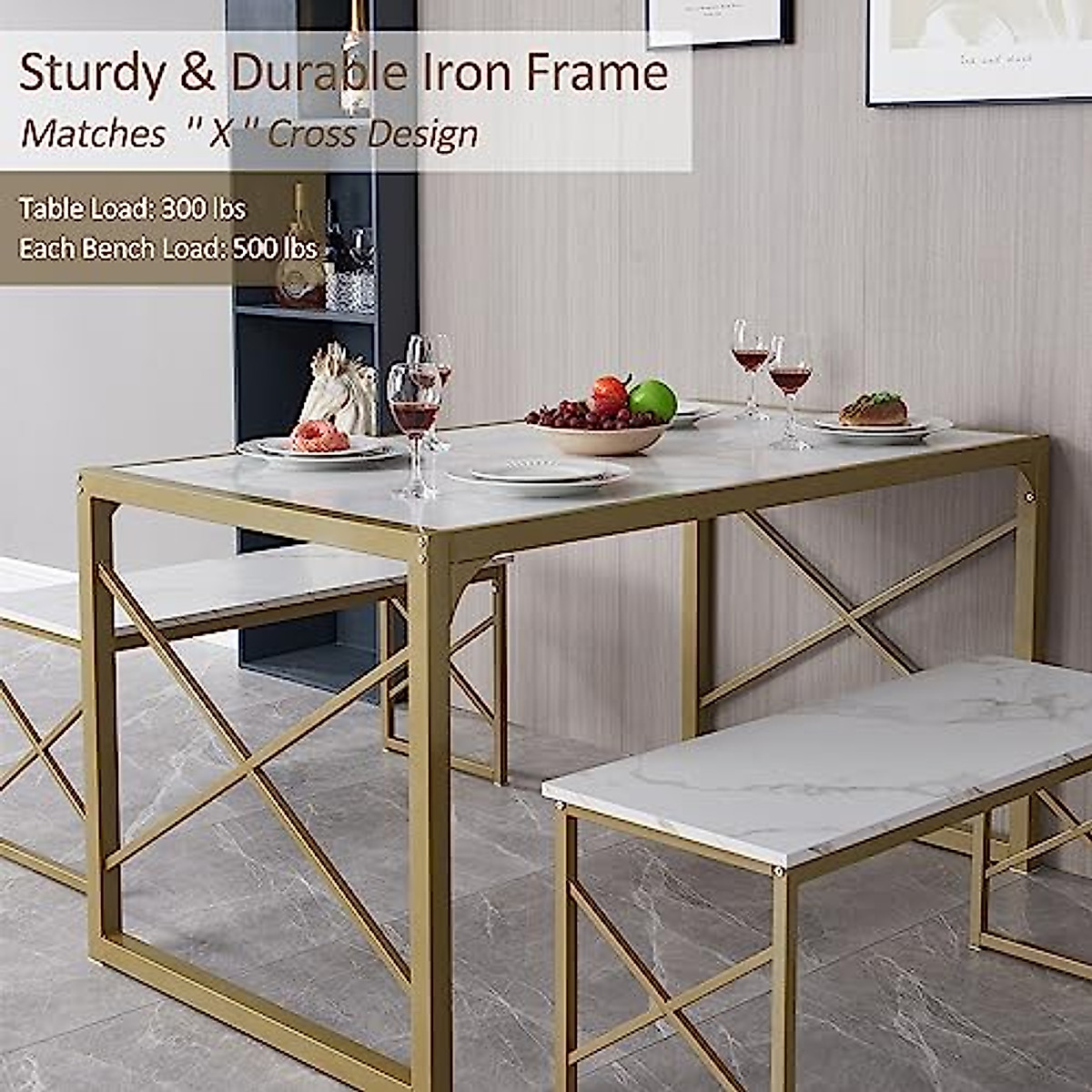 VECELO Kitchen Table with 2 Benches for 6,Wood Dining Room Dinette Sets with Metal Frame for Breakfast Nook and Small Space, 55", White&Gold