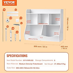 VEVOR Wood Kid Toy Storage Organizer with Bookshelf, 35" W Storage Cubby, Larger 5-Cubby Wood Toy Storage Cabinet, Children Book Toy Shelf for Kids Room, Playroom, Kindergarten, Nursery, White