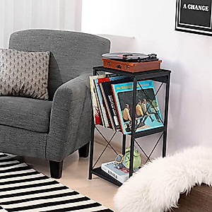 YBING Record Player Stand Record Player Table with Charging Station 3-Tier End Table with Storage Vinyl Record Storage Stand with Divider Nightstand for Living Room Bedroom Office, Black