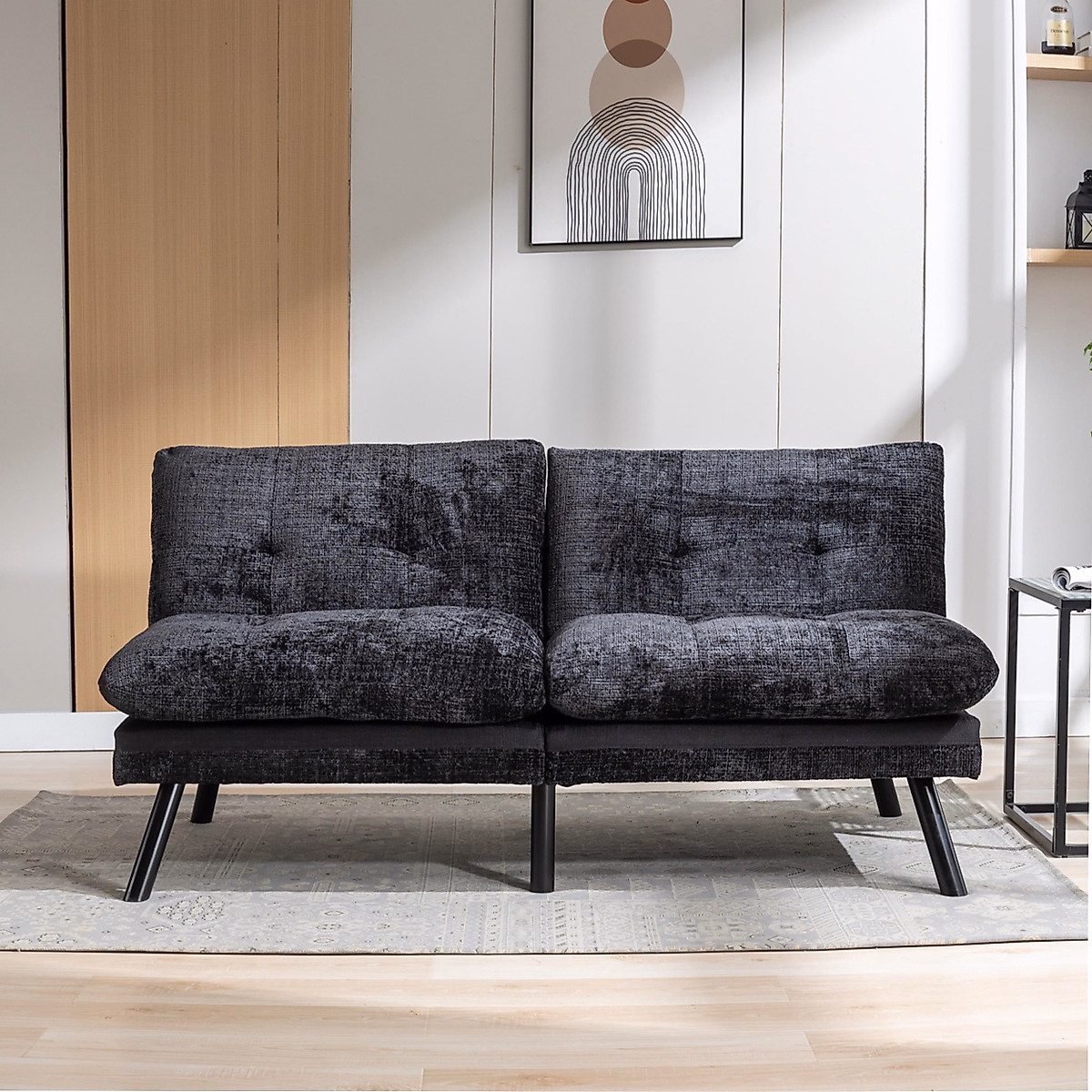 Modern Velvet Tufted Sofa Bed Futon with Armrest,Convertible Folding Couch Recliner,Sleeper Loveseat for Small Space,Living Room Apartments Dorms Office (Black)