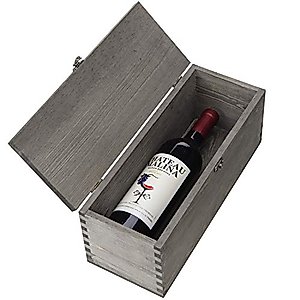 MyGift Vintage Gray Wood Wine Bottle Holder Decorative Wooden Gift Box with Antique Brass Handle and Latch