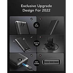 Portable Power Bank 20000mAh,VRURC 22.5W USB Port Fast Charging Portable Charger,Built-in AC Wall Plug, Micro&USB C Cables,4 Output Dual Input LED Display Integrated External Battery For Smart Devices