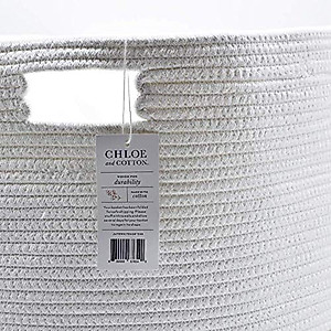 Chloe and Cotton XXXL Extra Large Woven Rope Storage Basket 15 x 21 inch Jute White Handles | Decorative Laundry Clothes Hamper, Blanket, Towel, Baby Nursery Diaper, Toy Bin Cute Collapsible Organizer