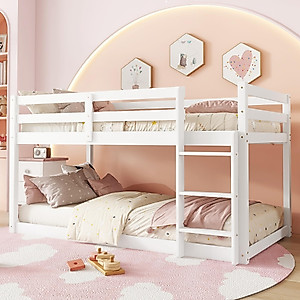 Bunk Bed Twin Over Twin, Floor Bunk Bed with Ladder, Solid Rubber Wooden Low Twin Bunk Beds for Kids Teens , Ideal for Multiple-Child Family, Apartment, Dormitory, No Box Spring Needed,White