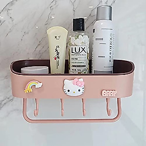 KUAW ,Shower Caddy, Self Adhesive Wall Mounted Shower Rack, Kitchen Hanging Tray Storage Rack, Shampoo Storage Basket Soap Rack With 4 Hooks And 1 Towel Rack, For Bathroom, Kitchen, No Drilling, Pink