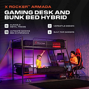 X Rocker Armada Gaming Bunk Bed, Durable Metal Frame, Built-in Gaming Desk, Safe Ladder, Grid Mesh Sides, 7000301, 95.6" x 41.5" x 64.2", Twin Over Twin, Black