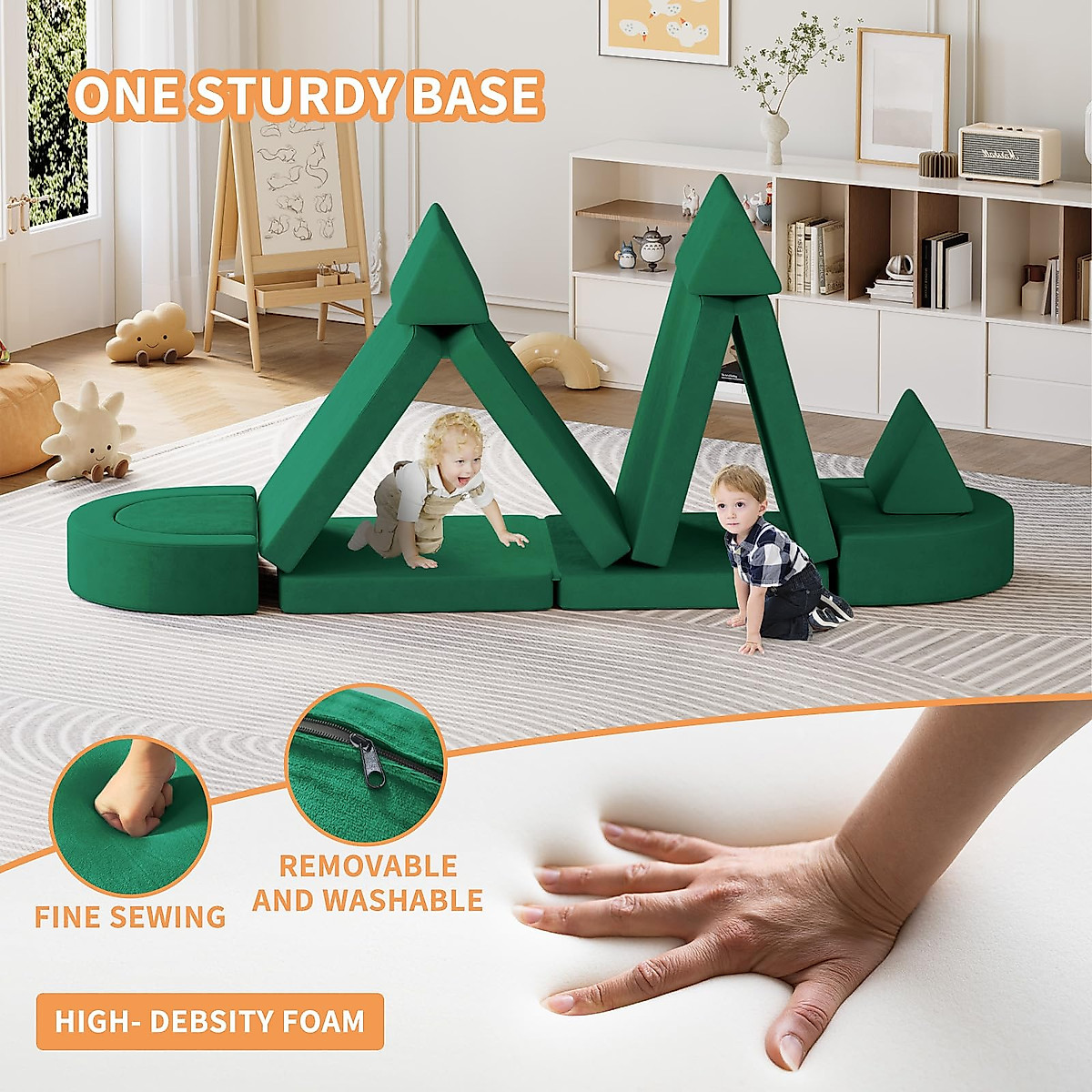 Neoriver Kids Couch, 13PCS Large Modular Kids Play Couch with 2 Tunnels, Fold Out Toddler Couch for Playroom Bedroom, Over 30 Creative Gameplay Kids Sectional Foam Sofa for Boys and Girls, Green